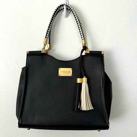 bebe | Bags | Bebe Natalie Braided Handle Tote Satchel Bag Black Body ...